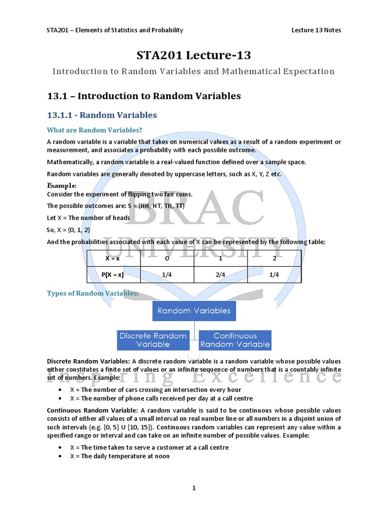 Random Variables And Mathematical Expectations Lecture 13 Notes Pdf