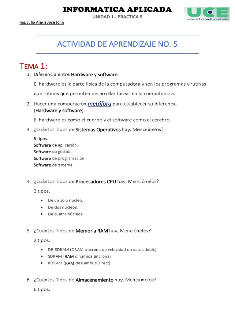 Practica #5 (Hardware y Software), Sanson Smith | Descargar gratis PDF | Unidad Central de ...