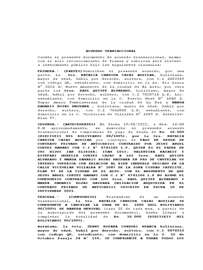 Acuerdo Transaccional Roxana | PDF