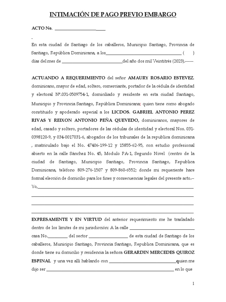 Intimación de Pago Previo Embargo Amaury Rosario Estevez | PDF ...