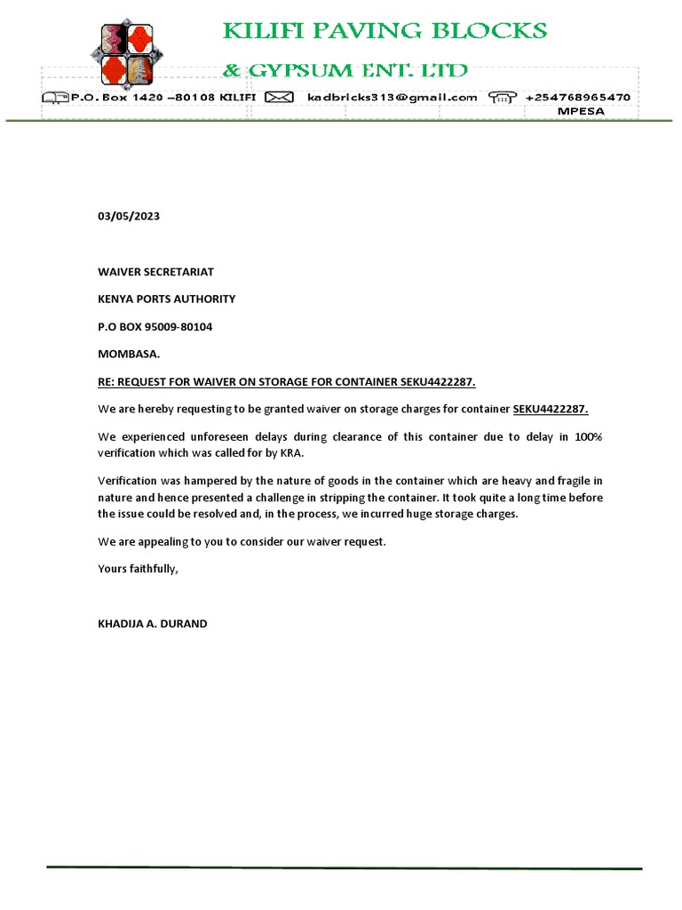 Storage Charge Waiver Request Letter | PDF