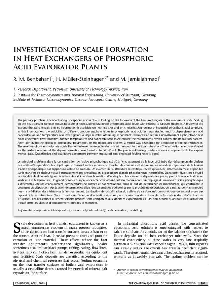 Investigation of Scale Formation in Heat Exchangers of Phosphoric Acid ...