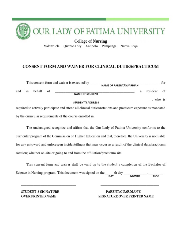 Consent Form and Waiver For Clinical Duties Practicum 2022 | PDF