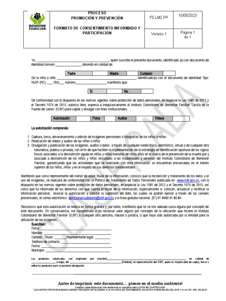 f5.lm2 .PP Formato de Consentimiento Informado Uso de Imagen v1 | PDF ...