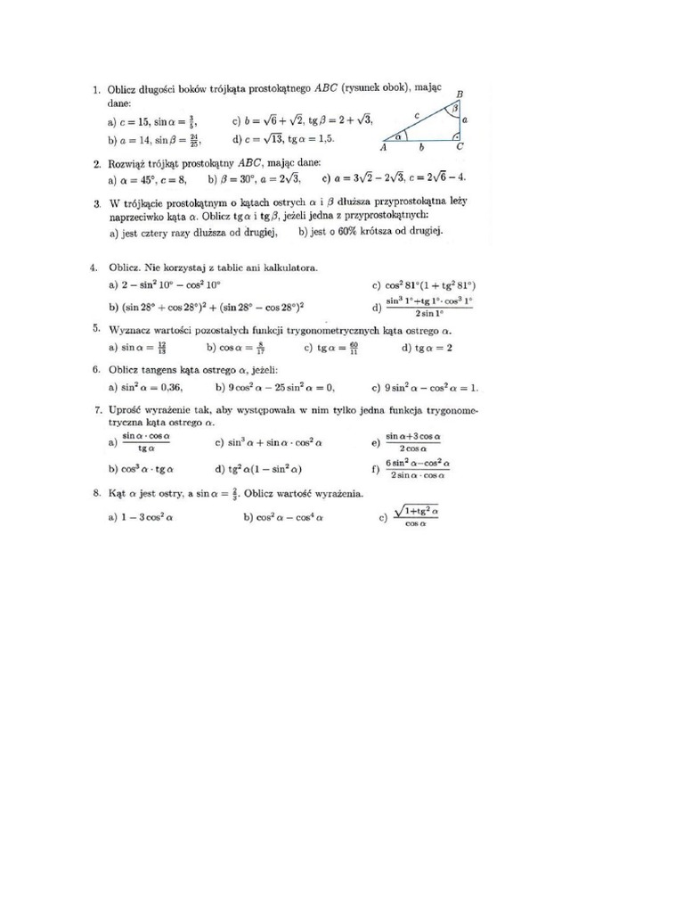 Trygonometria - Zadania 2 (2lic - Roz) | PDF