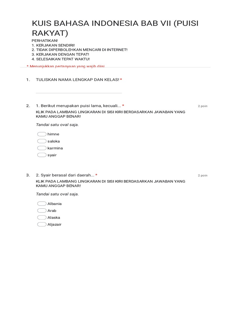Kuis Bahasa Indonesia Bab Vii (Puisi Rakyat) - Google Formulir | PDF