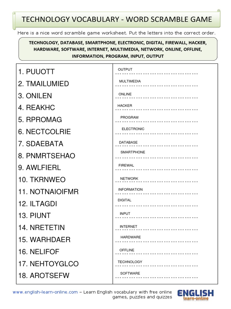 Technology Vocabulary. Scramble Game | Download Free PDF | Online And ...