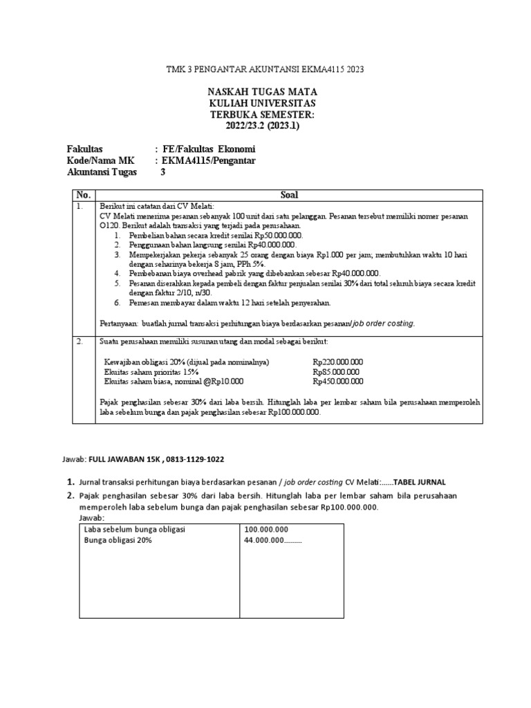 TMK 3 Pengantar Akuntansi Ekma4115 2023 | PDF