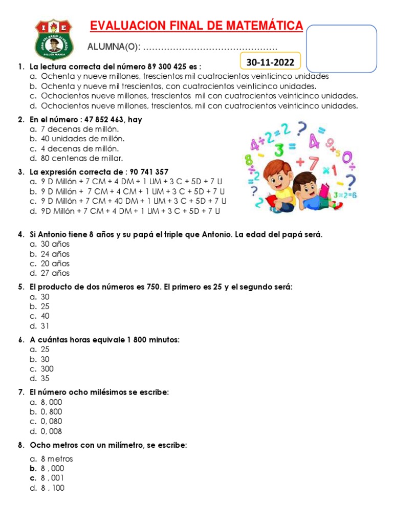 Prueba final de matemática | PDF