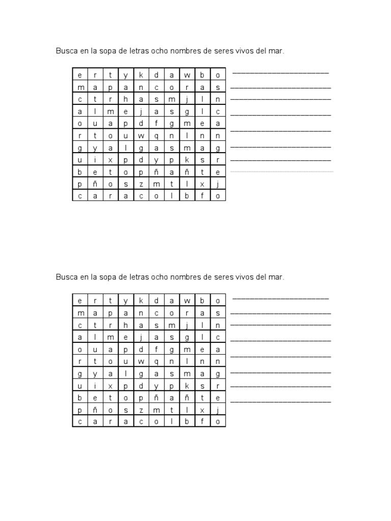 Busca en La Sopa de Letras Ocho Nombres de Seres Vivos Del Mar | PDF