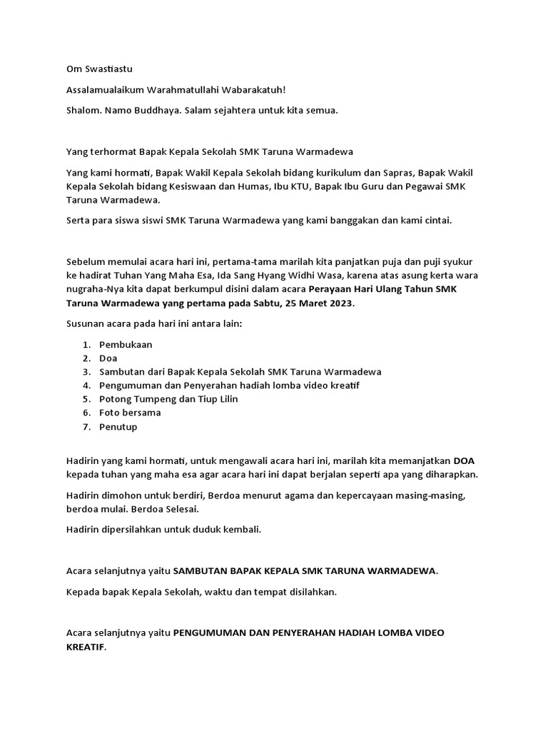 Teks MC Perayaan Hut Ke 1 | PDF