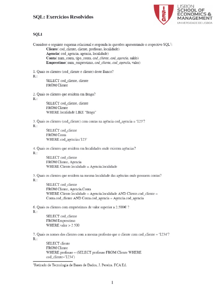 SQL - Exercicios Resolvidos - PDF Download Grátis | PDF