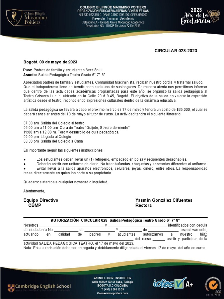 4965 1683614494 Circular 028 Salida Pedagogica Seccion III | PDF