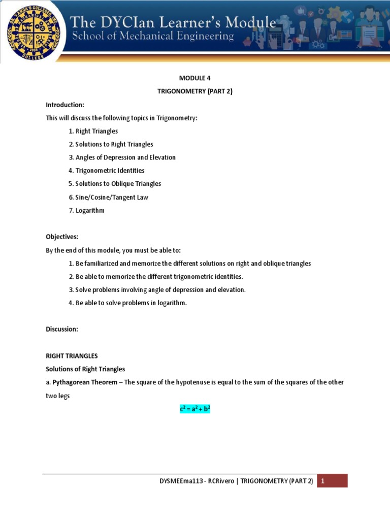 Trigonometry Module: Right & Oblique Triangles | PDF | Trigonometric ...