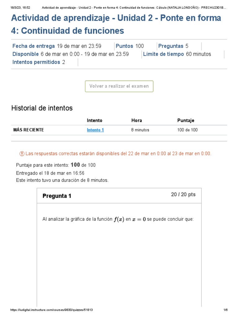 Actividad de Aprendizaje - Unidad 2 - Ponte en Forma 4 - Continuidad de Funciones - Cálculo ...