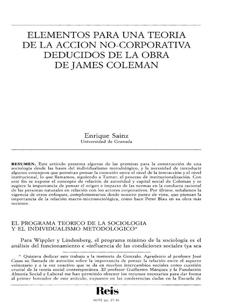 Elementos para Una Teoría de La Acción No-Corporativa Deducidos de La Obra de James Coleman ...