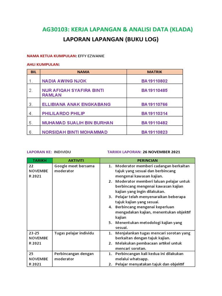 AG30103-2021 - Laporan Buku Log Nadia Awing | PDF