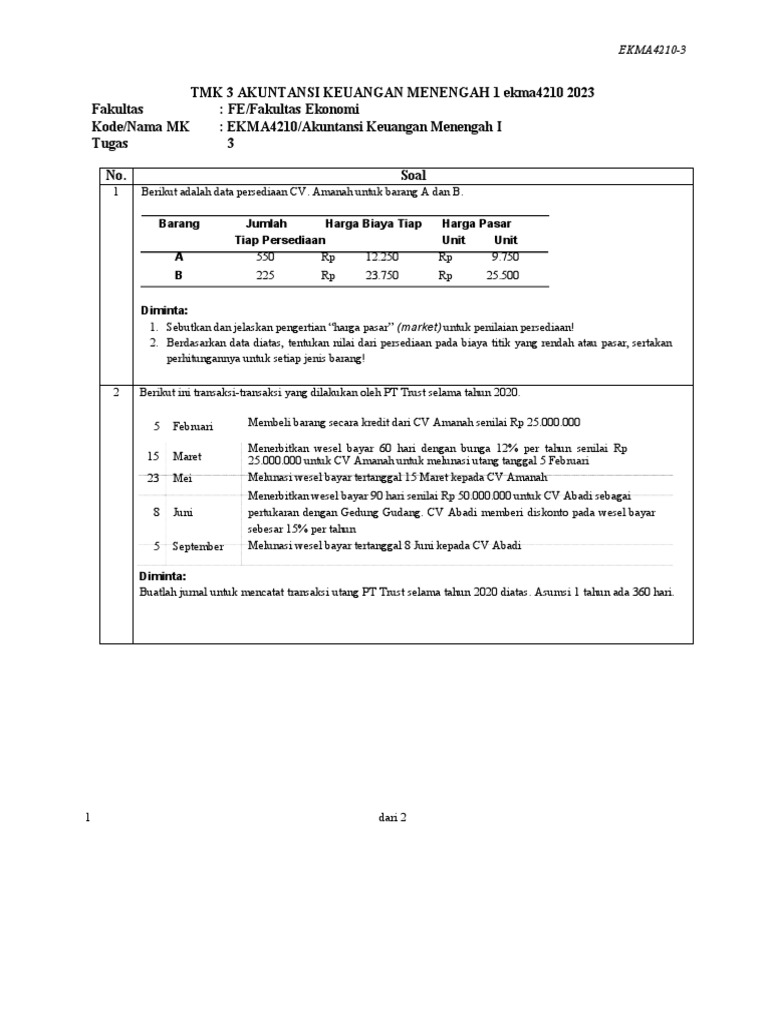 TMK 3 Akuntansi Keuangan Menengah 1 Ekma4210 2023 | PDF