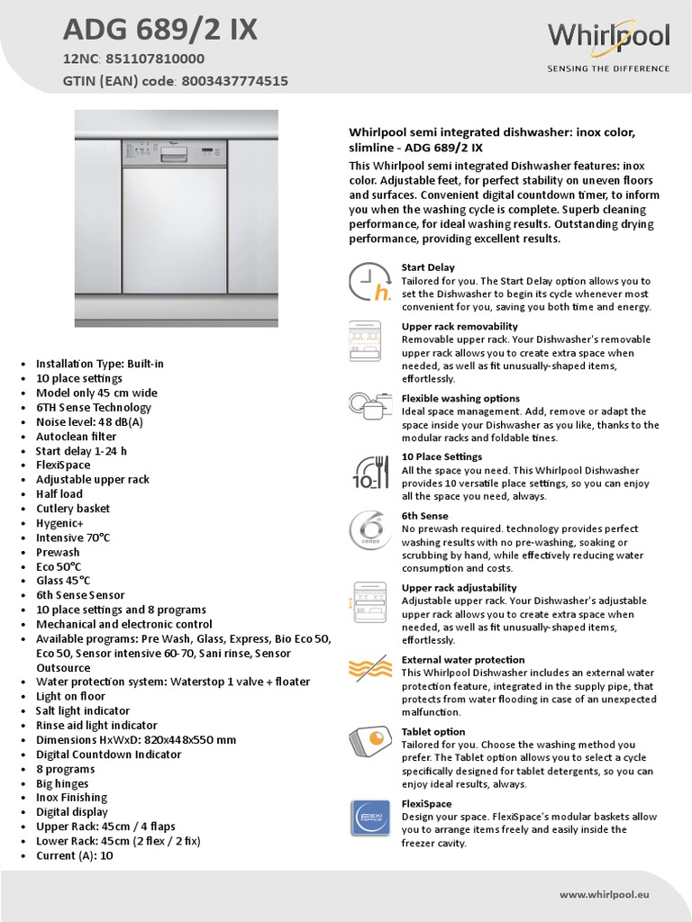 Whirlpool ADG 689-2 IX Product Datasheet | PDF | Dishwasher | Manufactured Goods