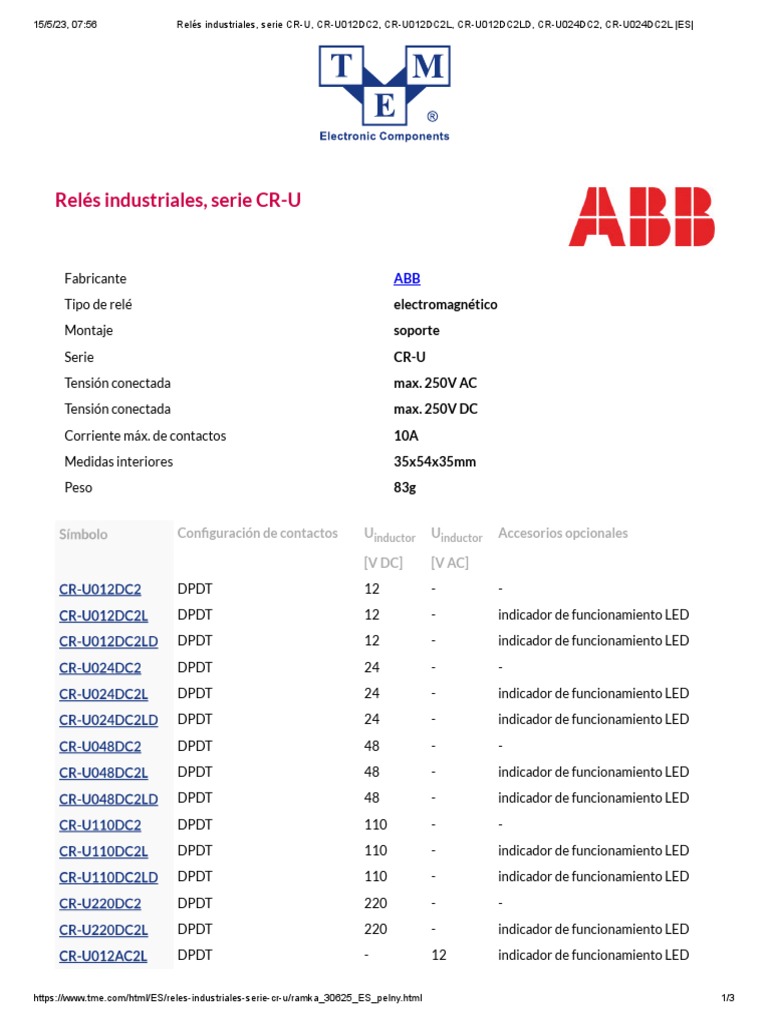 Relés Industriales, Serie CR-U, CR-U012DC2, CR-U012DC2L, CR-U012DC2LD, CR-U024DC2, CR-U024DC2L ...