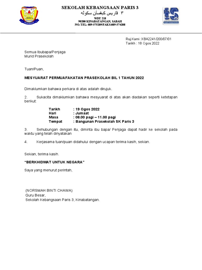 Surat Panggilan Mesyuarat Permuafakatan Prasekolah Tahun 2022 | PDF