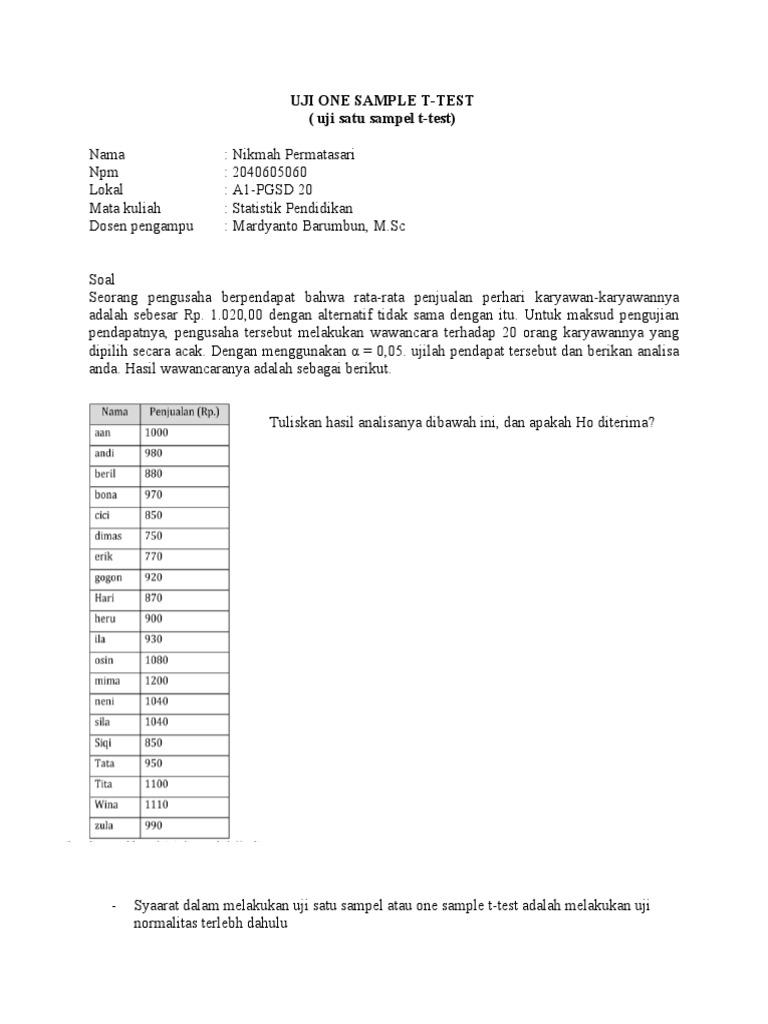 Uji One Sample T Test Pdf