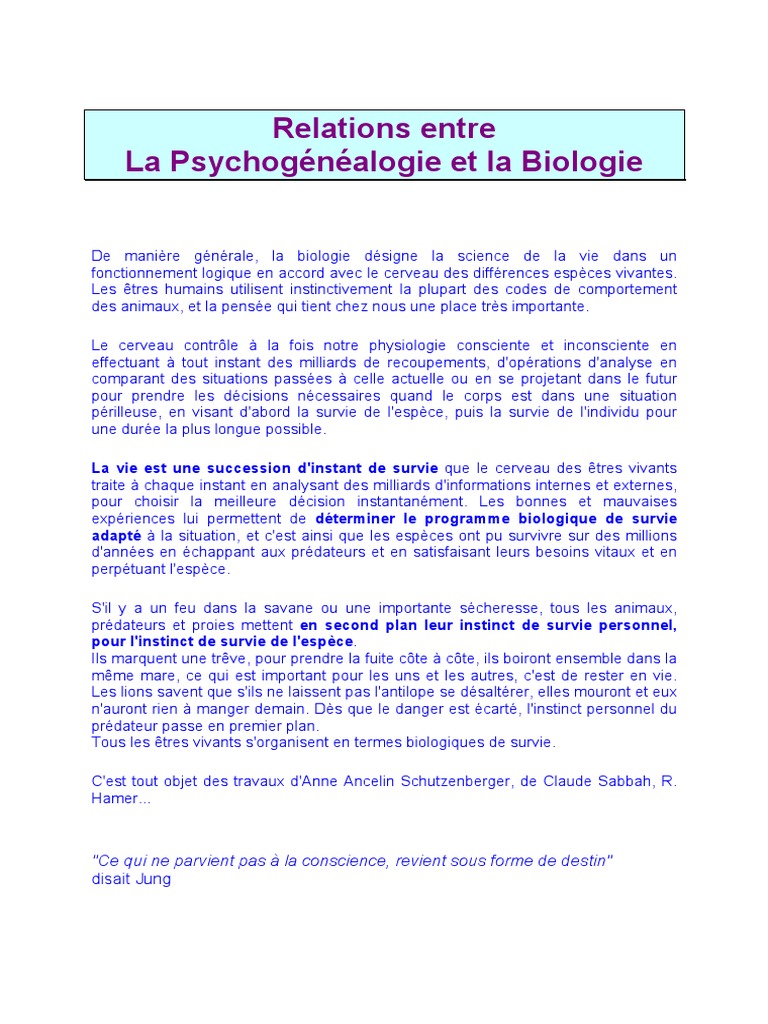Psychogenealogie Et Biologie | PDF