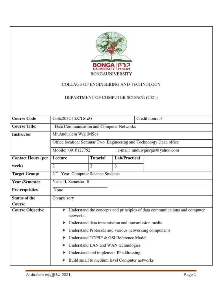 Data Comminication And Anetworking Course Out Line Pdf Computer 1089