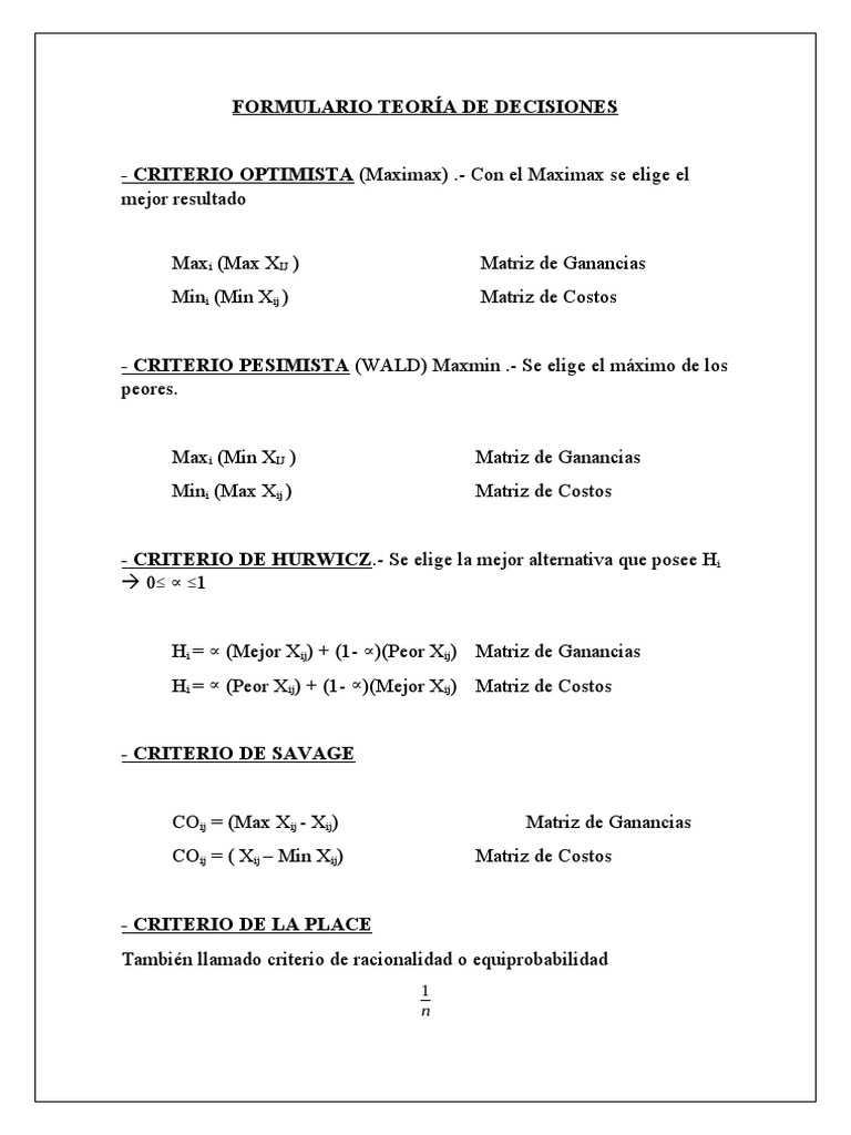 Formulario Teoría de Decisiones 1 | PDF