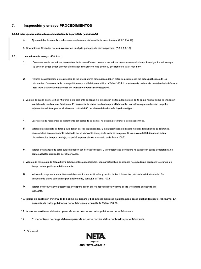 ANSI NETA ATS-2017 (7.6.1.2.3) Resistencia de Contactos Contactos | PDF