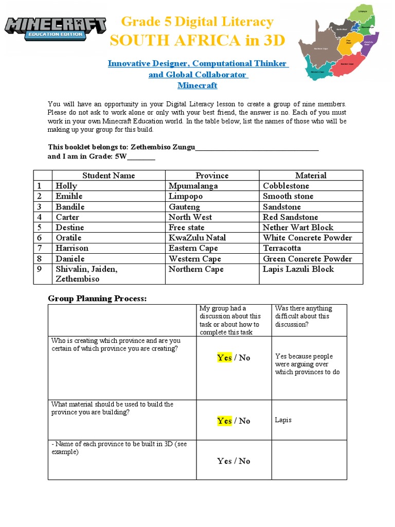 Toddle-Grade 5 - South Africa in 3D Assessment | PDF