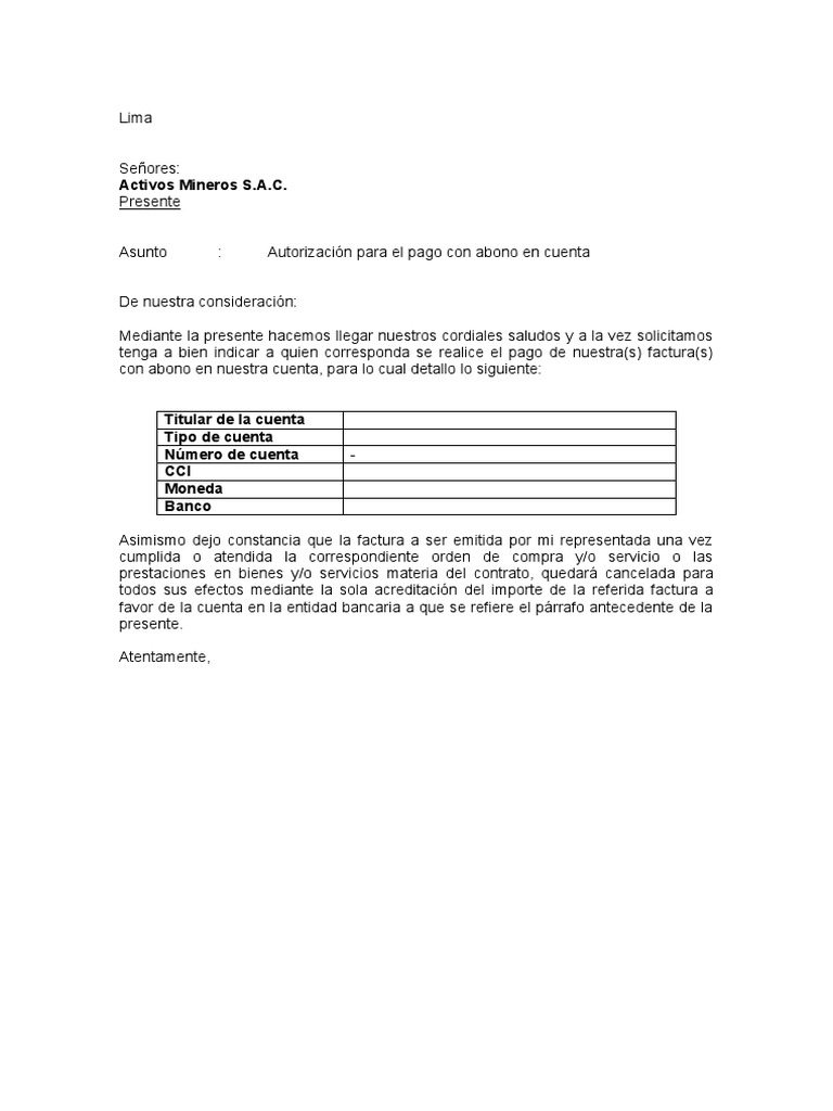 Modelo Carta Transferencia de Pagos Proveedores | PDF