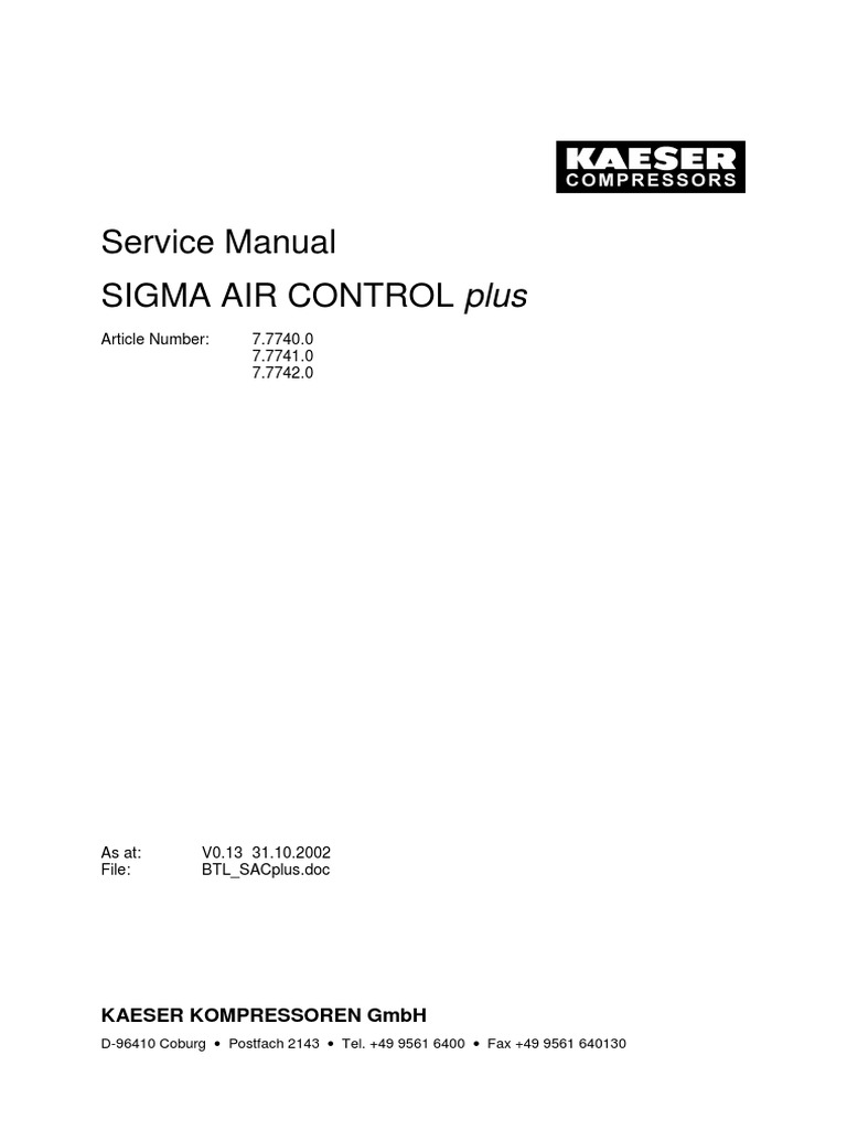 Service Manual Sigma Air Control Plus: Article Number: 7.7740.0 7.7741. ...
