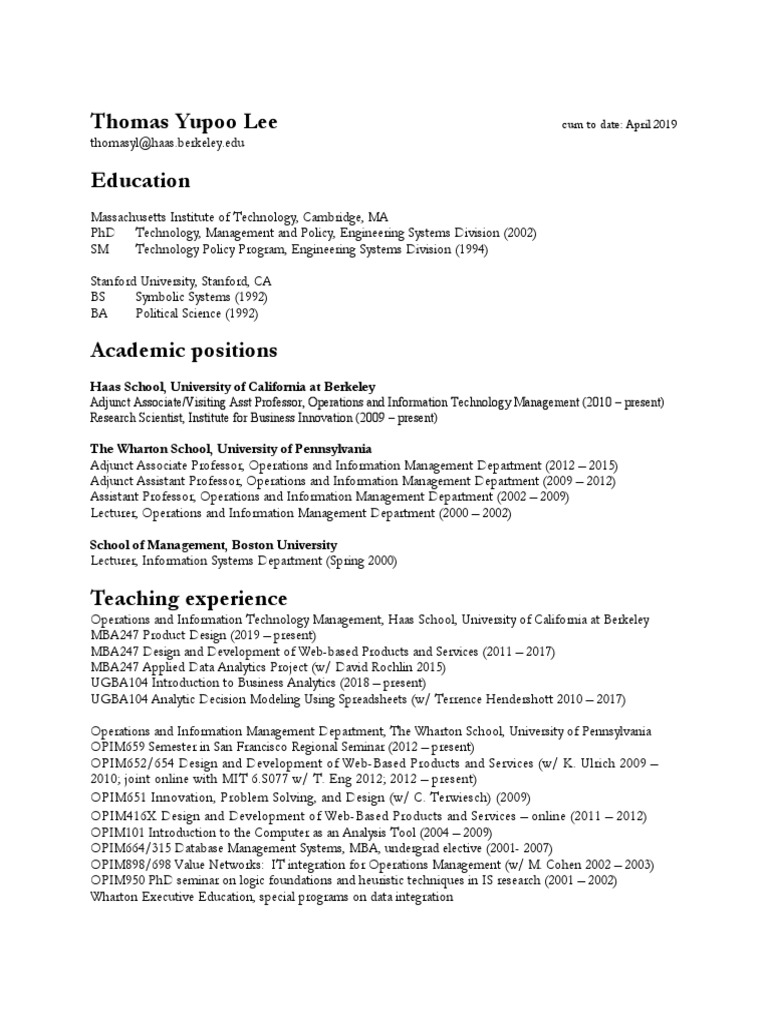 Thomasyl CV | PDF | Wharton School Of The University Of Pennsylvania ...