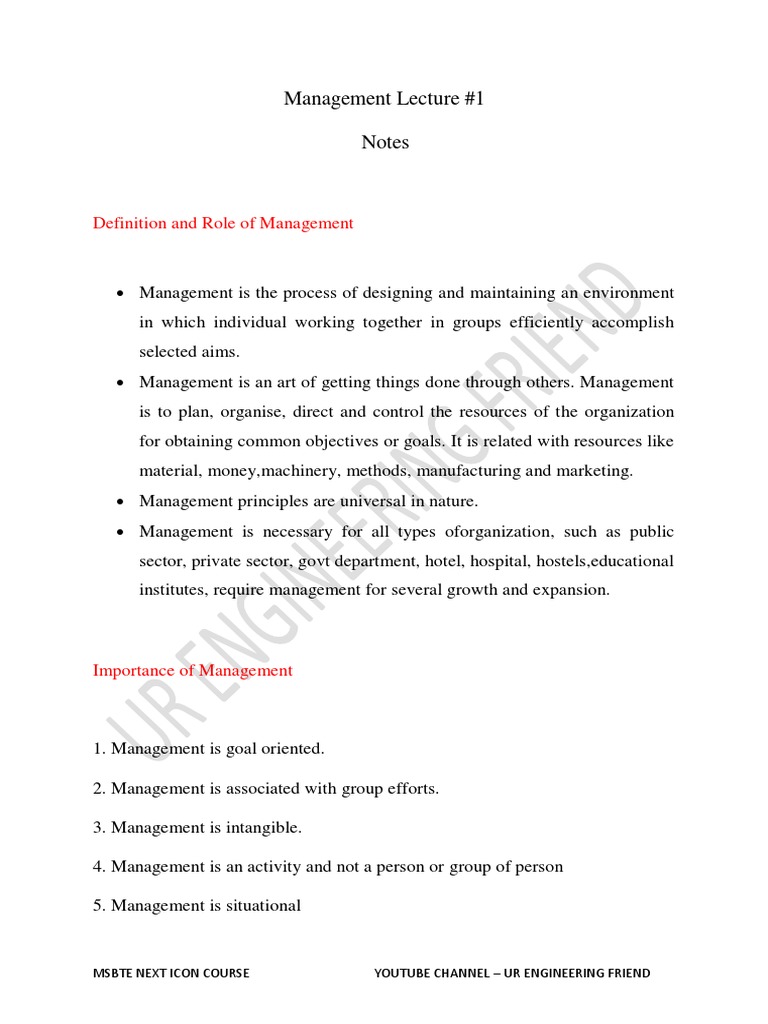 Management Chapter 1 Notes Ur Engineering Friend | PDF