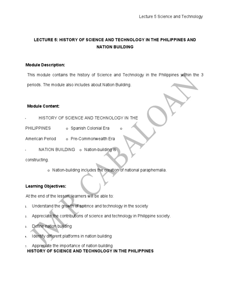 Sts Lesson 2 Nation Building and History of Science and Technology in The Philippines | PDF