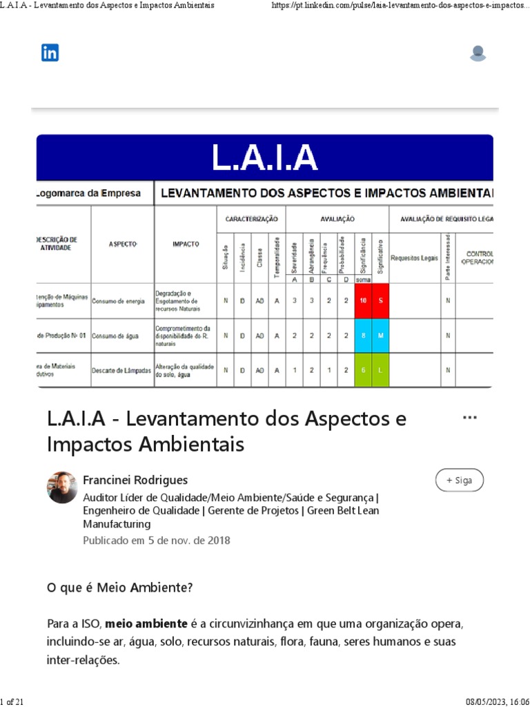 L.a.I.a - Levantamento Dos Aspectos e Impactos Ambientais | PDF | Ambiente natural | Vida