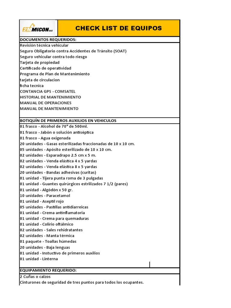 Check List de Equipos Contonga | PDF | Industria automotriz | Vehículos ...