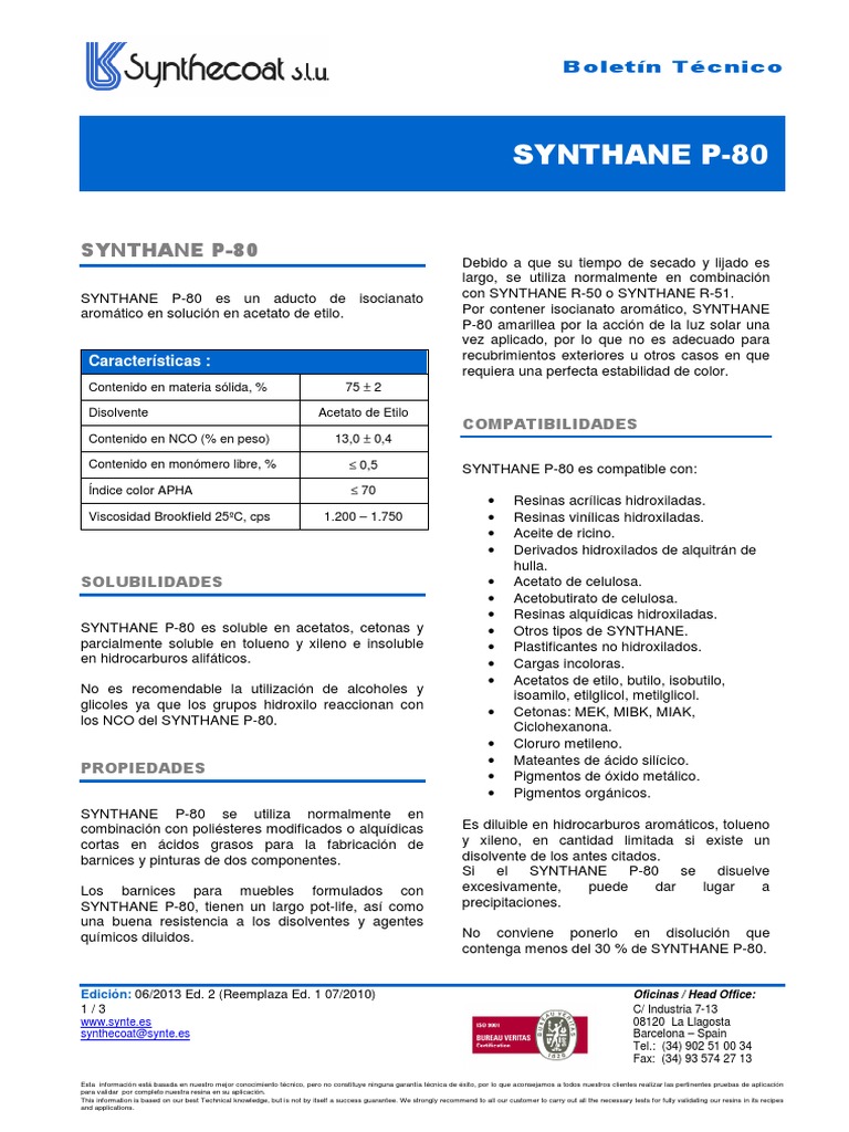 Resina SYNTHANE P-80: Características y Usos | PDF | Poliuretano | Química