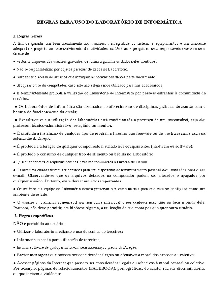 Regras Laboratórioo De Informática Pdf Internet Programas