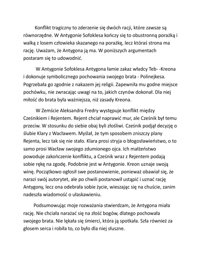 Kreon i Antygona - Konflikt Sprzecznych Racji. Rozprawka | PDF