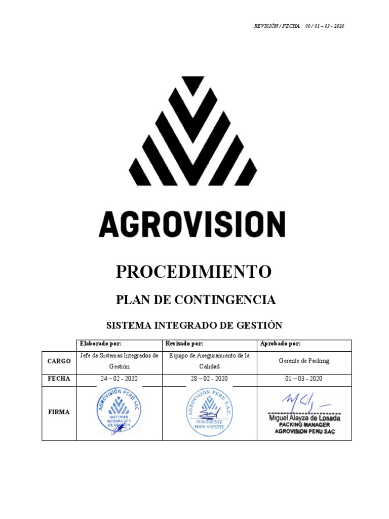 PE-SIG-PR-020 - Plan de Contingencia | PDF | Riesgo | Alimentos