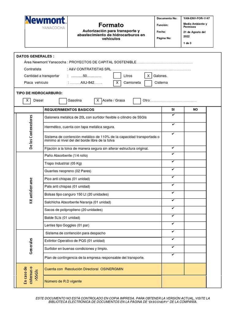 Formato de Autorización para Transporte y Abastecimiento de Hidrocarburos en Vehículos | PDF