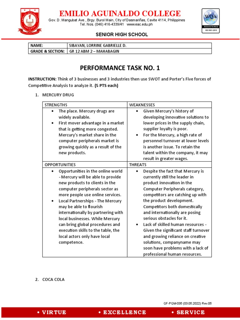 Emilio Aguinaldo College: Performance Task No. 1 | PDF | The Coca Cola Company | Coca Cola