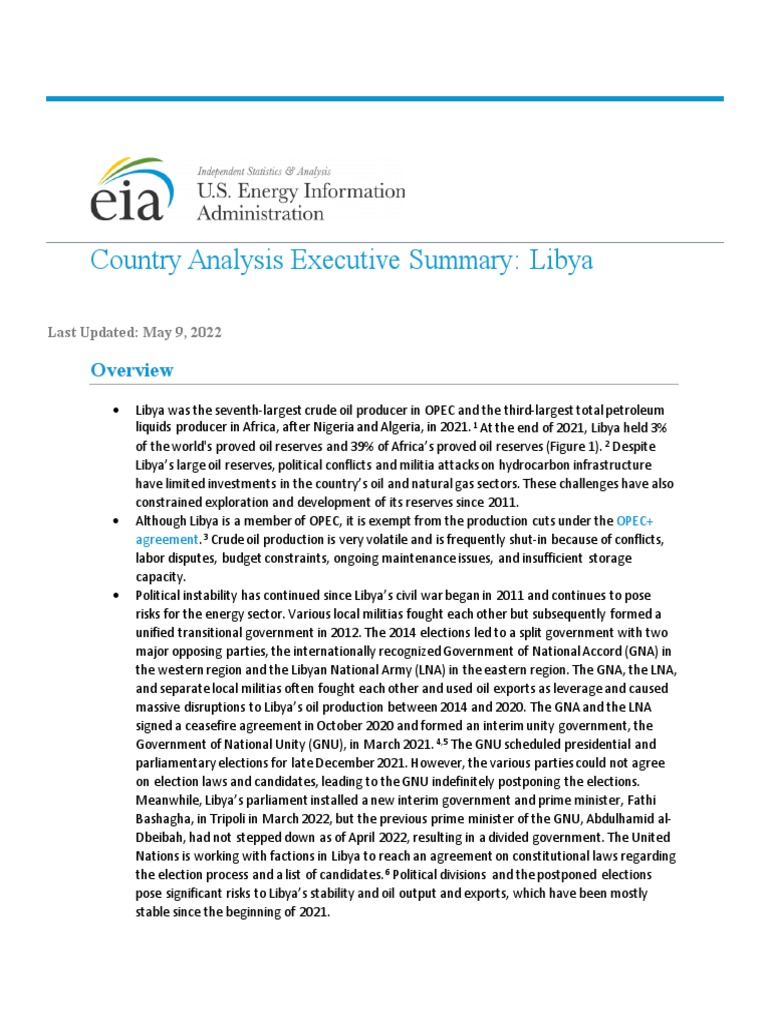 US EIA March 2022 Libya Country Analysis Executive Summary | PDF | Petroleum | Natural Gas