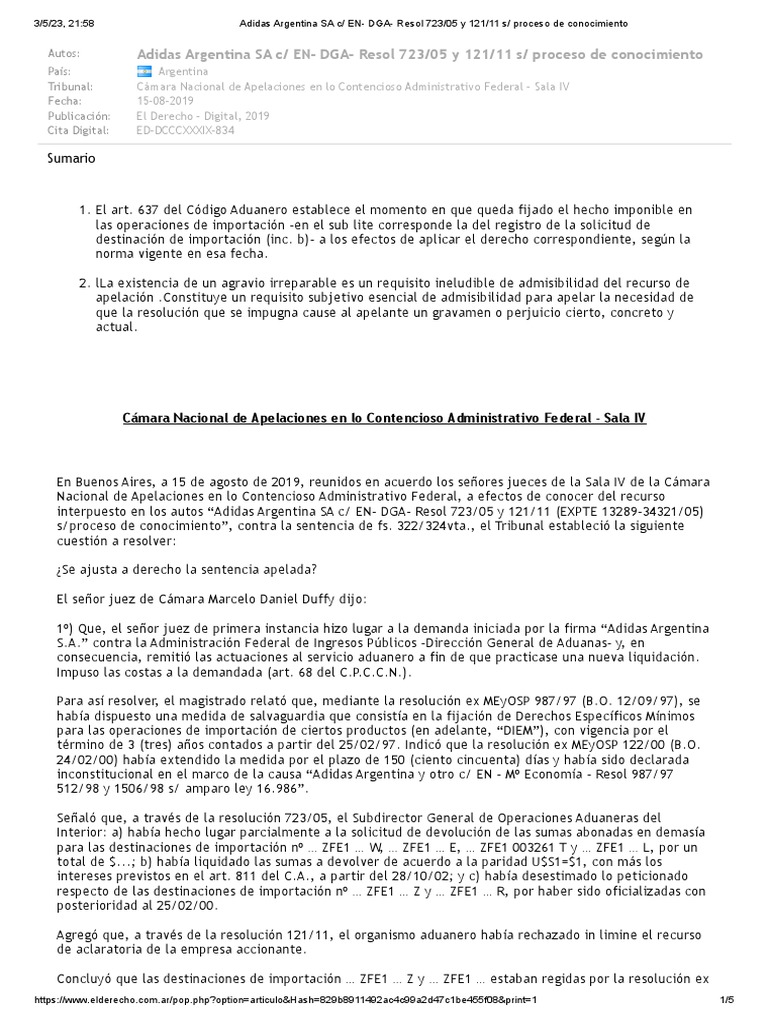 Adidas Argentina SA C - EN - DGA - Resol 723 - 05 y 121 - 11 S - Proceso de Conocimiento | PDF ...