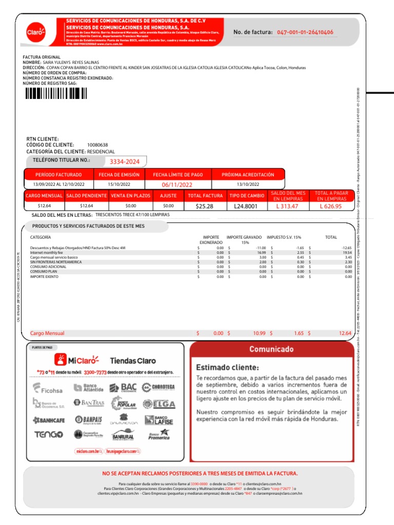 Factura de Servicios Claro Honduras | PDF | Factura