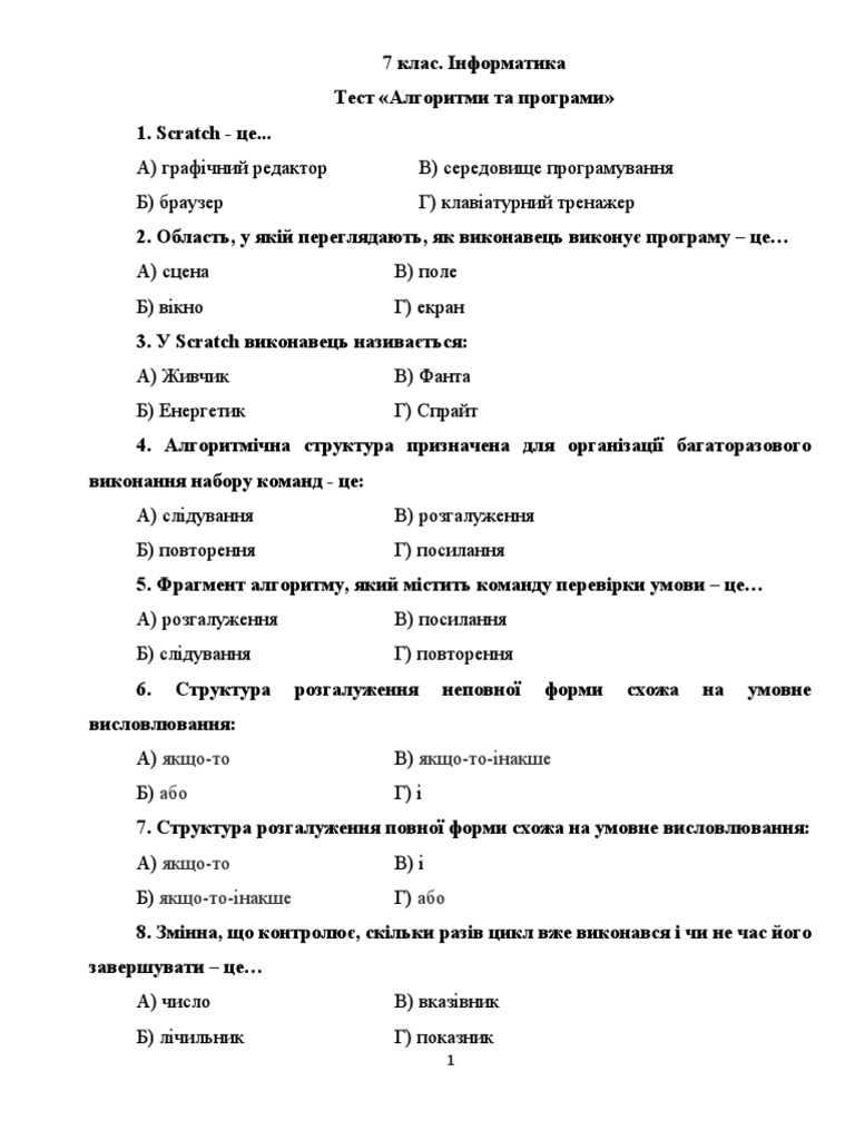 7 кл Тест Алгоритми та програми Pdf