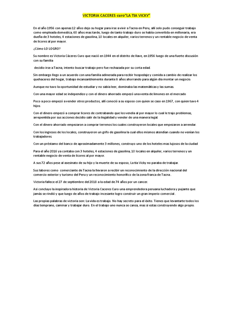 La historia de Victoria Cáceres Curo | PDF | Perú | Economias