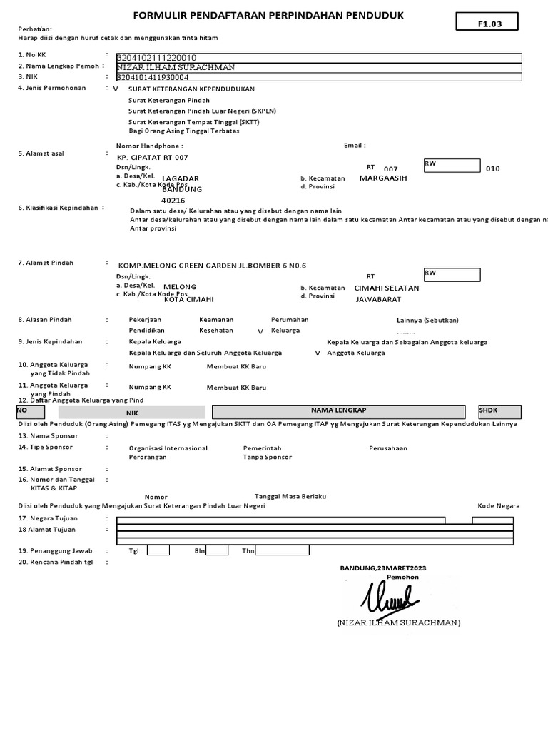 f1.03 Formulir Pendaftaran Perpindahan Penduduk-Baru | PDF